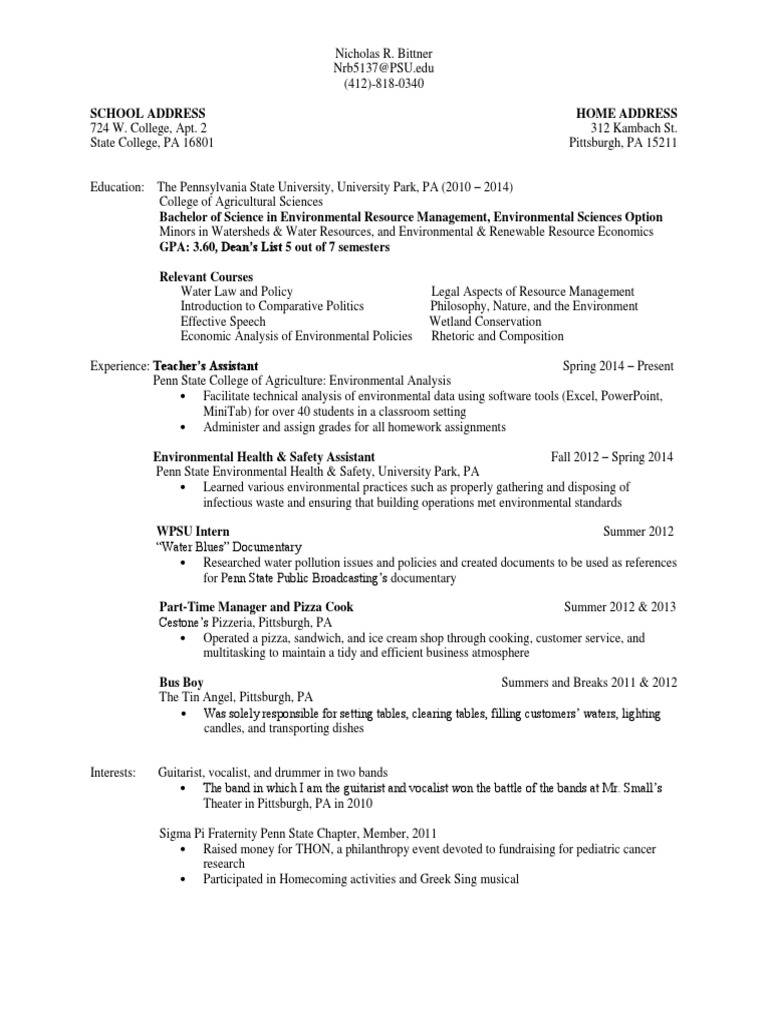 Eng 202 Job 1 Resume For Portfolio | PDF | Pennsylvania State ...