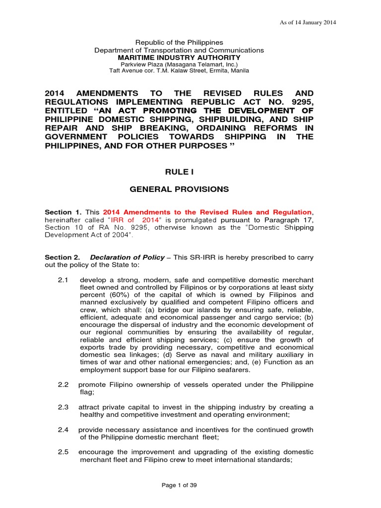 2014 Amendments to RA 9295 IRR | PDF | Ship Transport | Depreciation