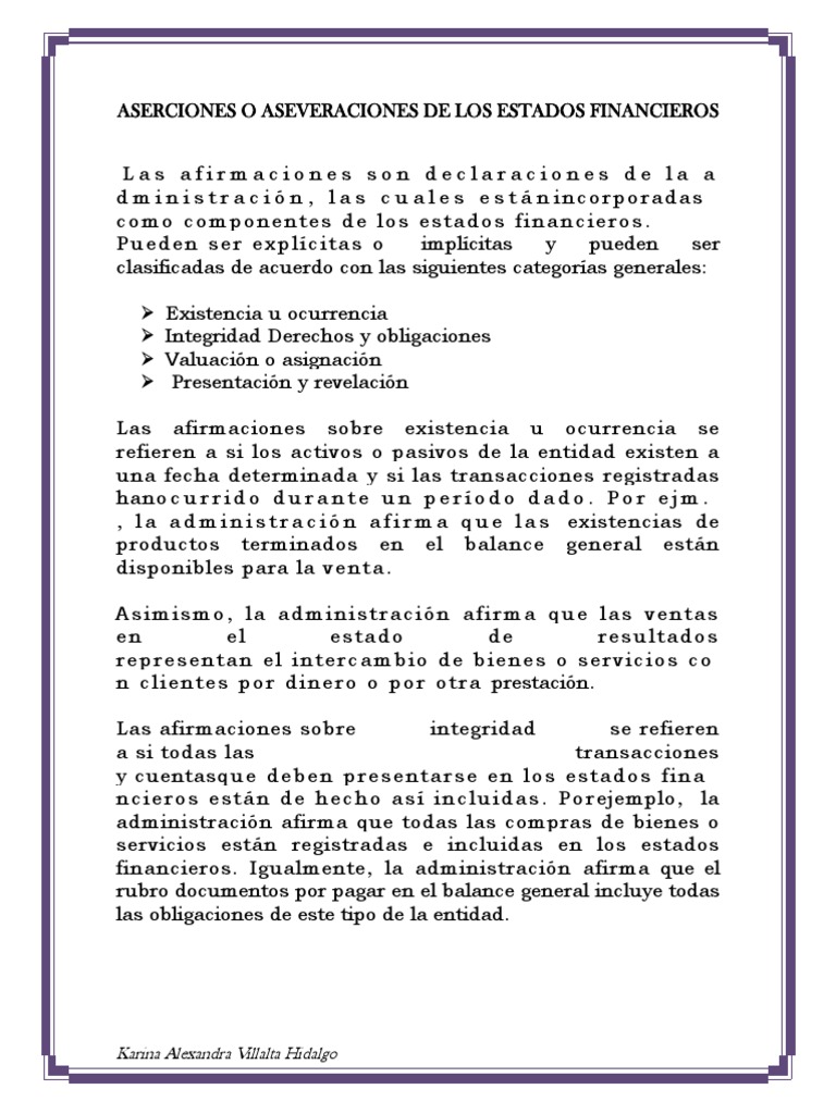 Aserciones o Aseveraciones de Los Estados Financieros | Descargar ...