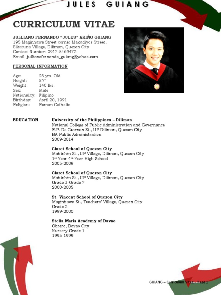 Curriculum Vitae - Jules Guiang Summary | PDF | Government | Students