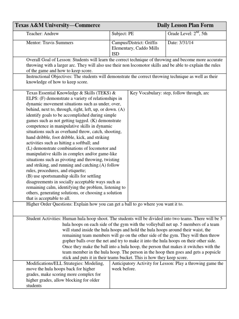 Hula Hoop Shoot Lesson Plan | PDF | Volleyball | Lesson Plan