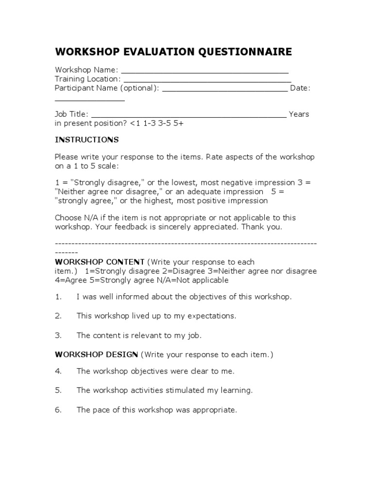 Workshop Evaluation Questionnaire | PDF | Cognition | Psychological ...