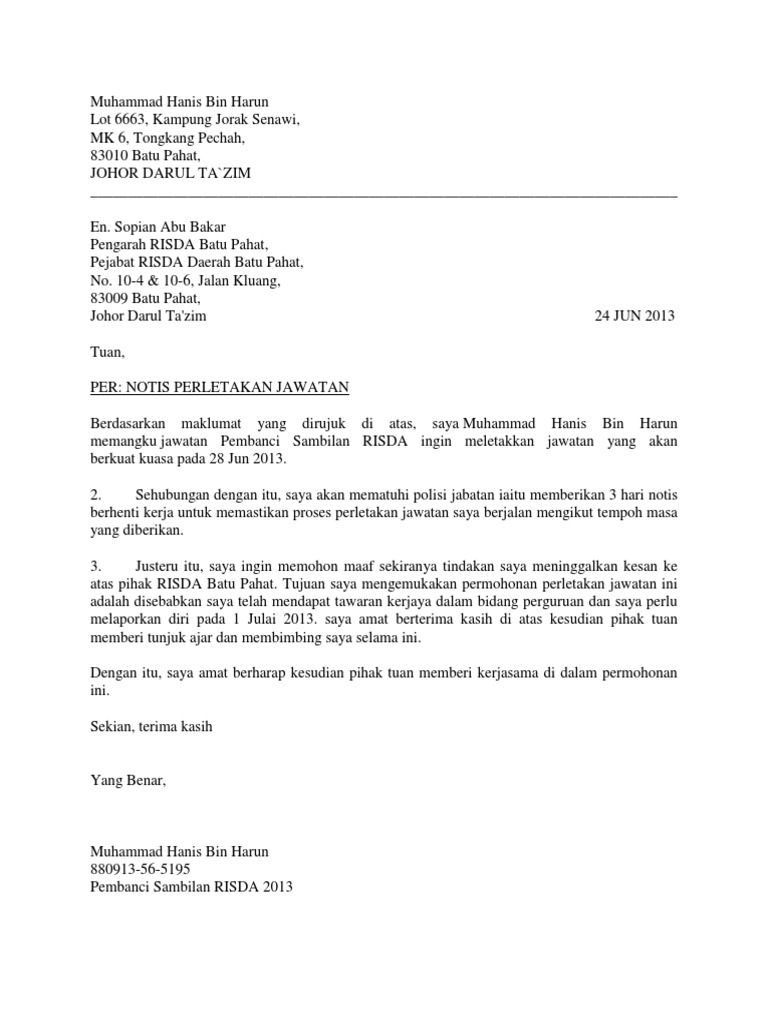 Contoh Surat Rasmi Letak Jawatan | PDF