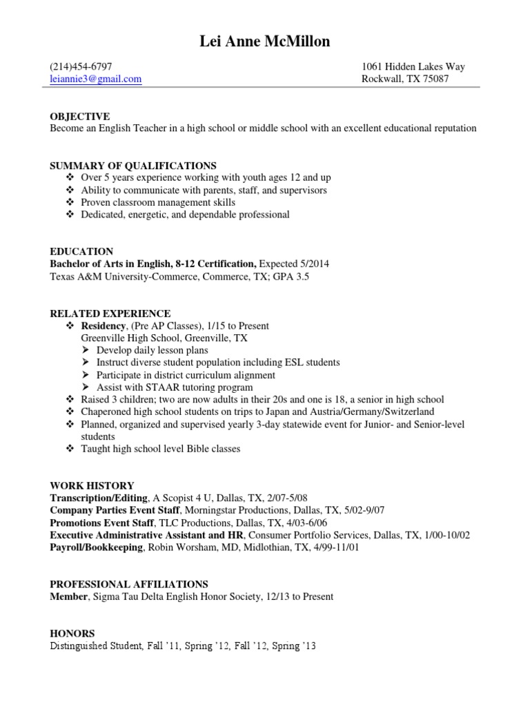 English Teacher Resume: Lei Anne McMillon | PDF | Career & Growth ...