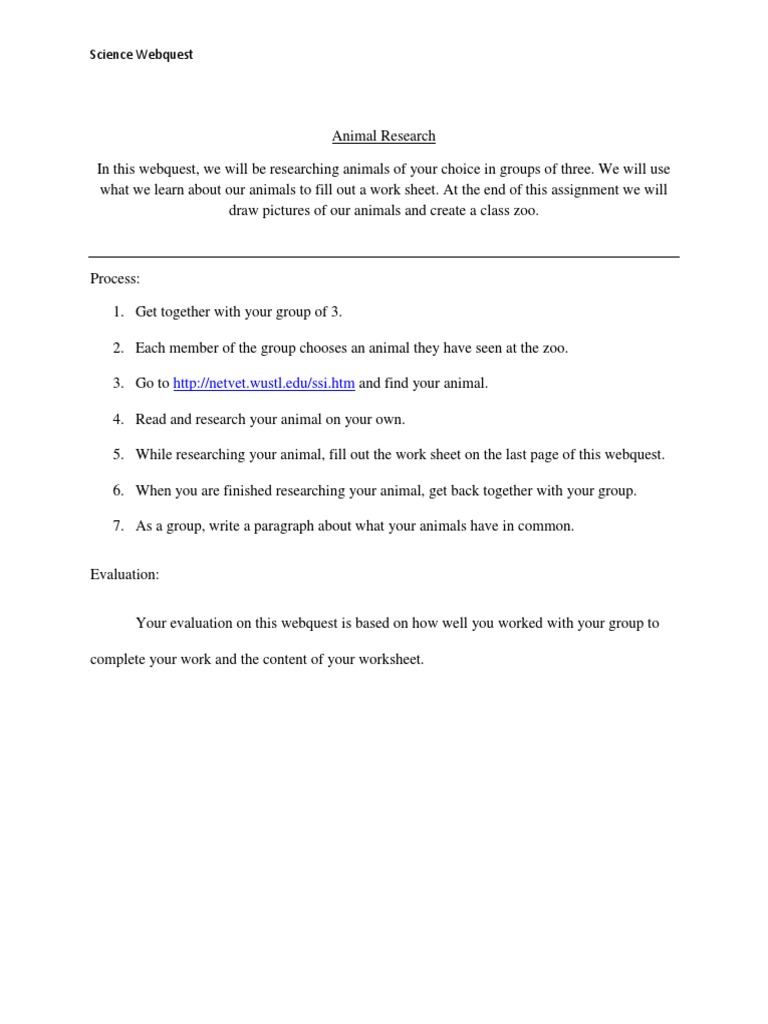 Animal Research Webquest Guide | PDF