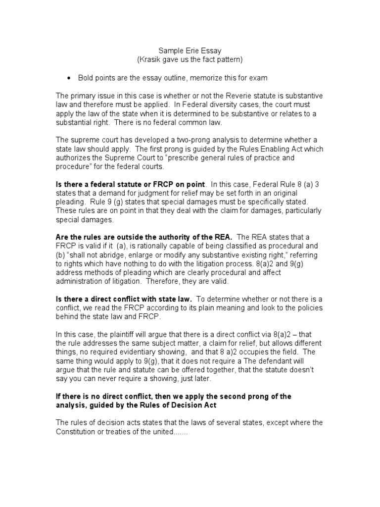 Civil Procedure - Erie Essay | PDF | Diversity Jurisdiction | Lawsuit