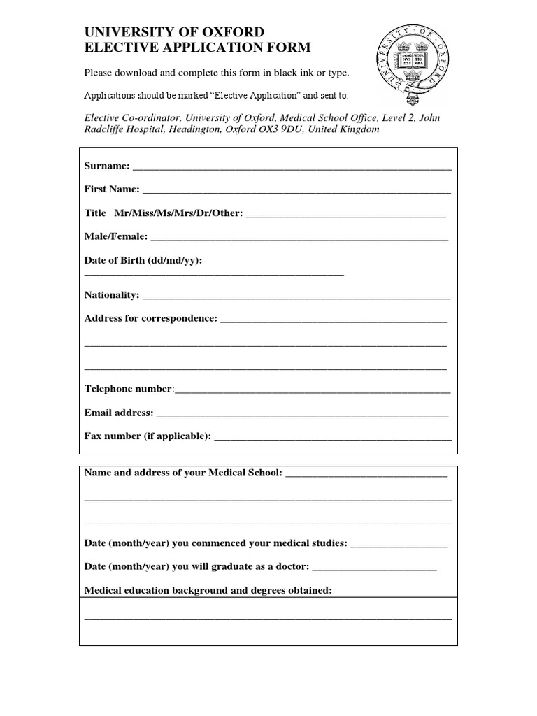University of Oxford Elective Application Form | PDF | Medical School ...