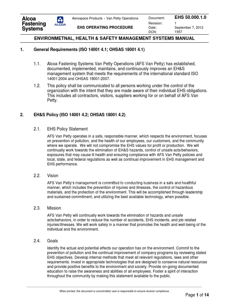 EHS Management System Manual - AFS Van Petty | PDF | Occupational ...