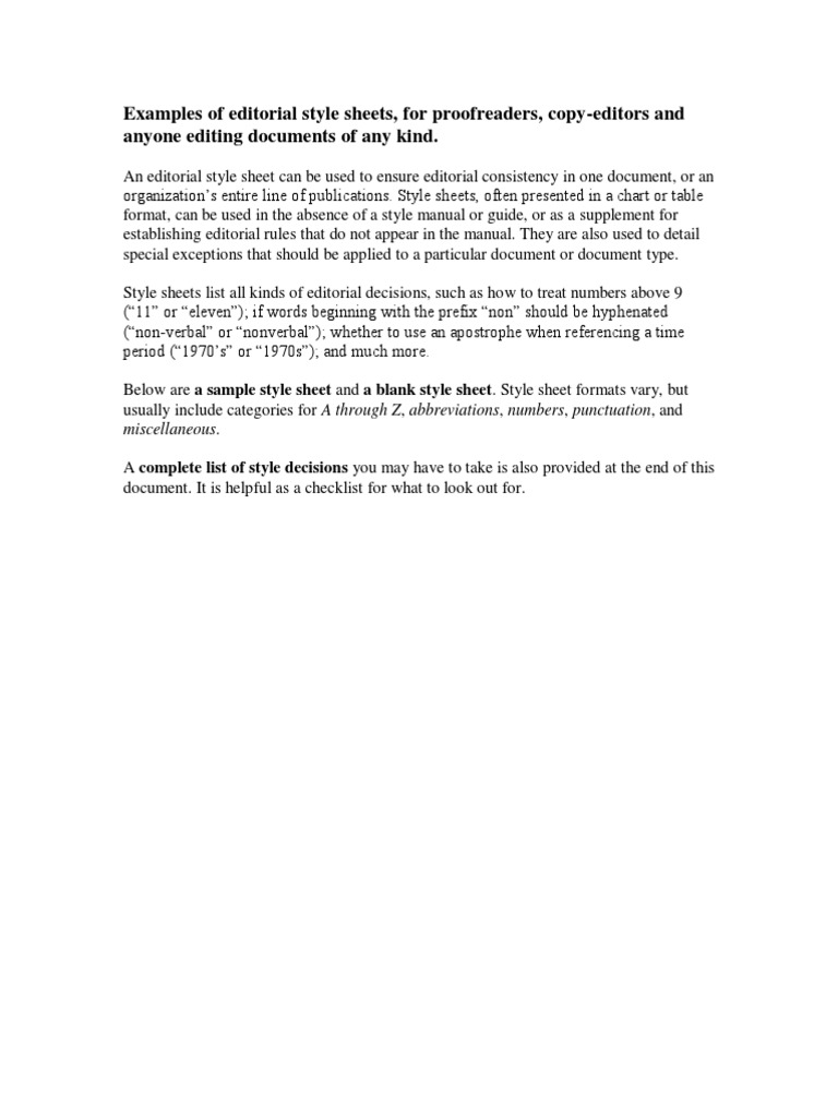 Editorial Style Sheet For Proofreaders, Copy-Editors and Editors | PDF ...