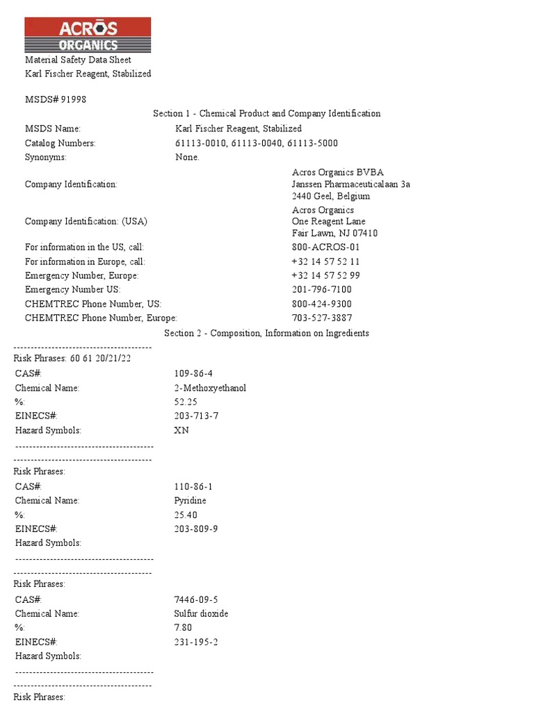 Karl Fisher Reagent, Stab 4lt | PDF | Breathing | Chemistry