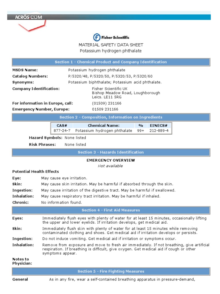 Material Safety Data Sheet Potassium Hydrogen Phthalate: Section 1 Chemical Product and Company ...