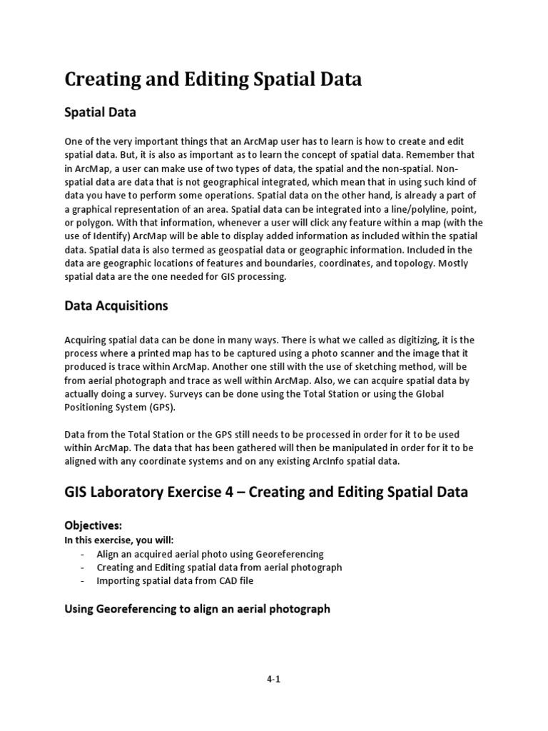 Exercise 4 - Creating and Editing Spatial Data | PDF | Geographic Information System | Arc Gis