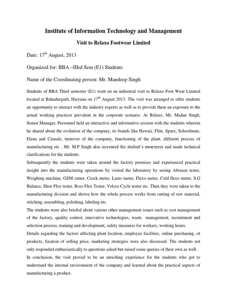 Study Tour Report Relaxo Visit BBA | PDF | Capitalism | Business