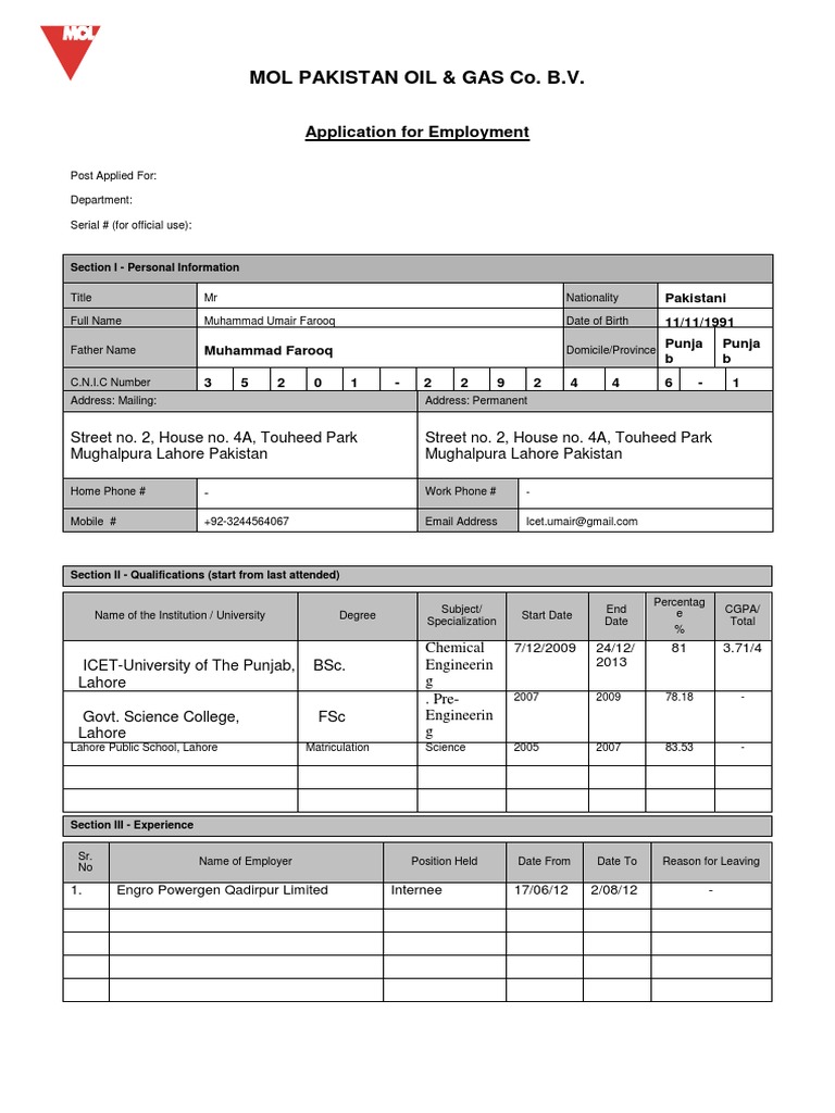 Job Application Form MOL Pakistan | PDF | Pakistan | Government Information