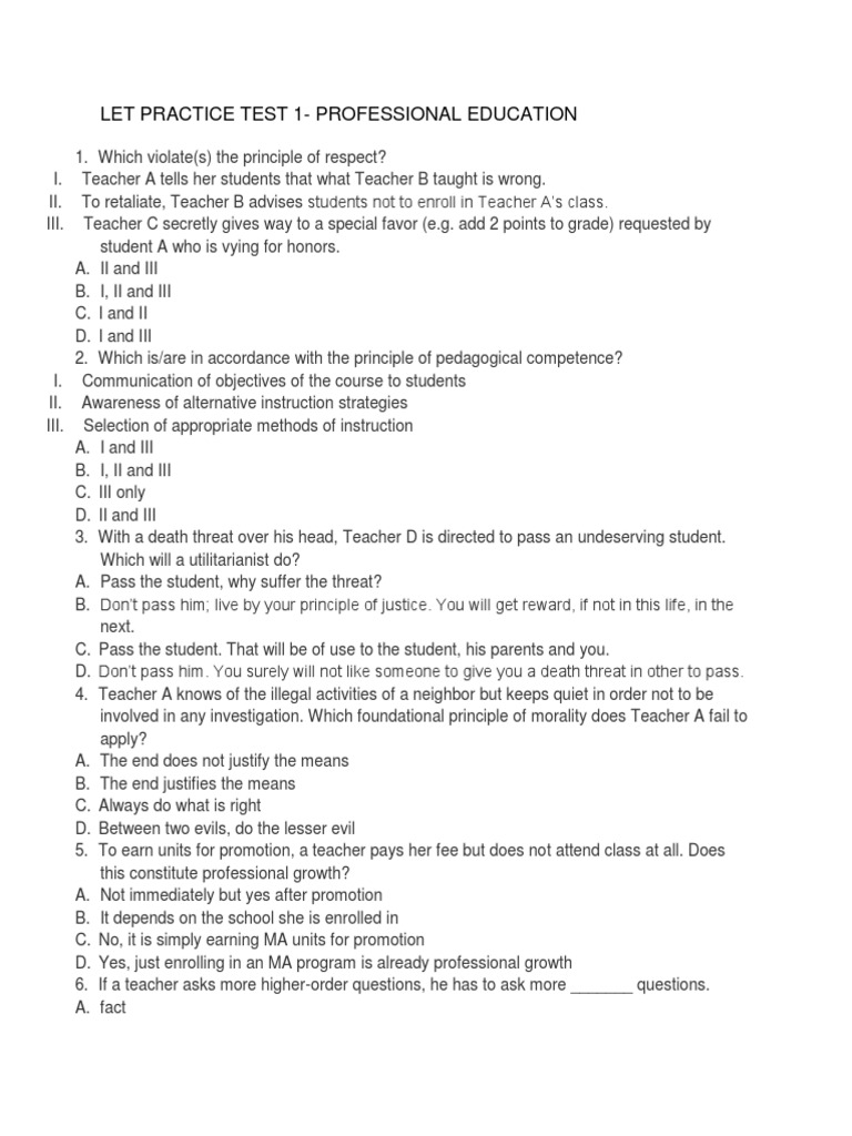 Let Practice Test 1 | PDF | Classroom Management | Teachers