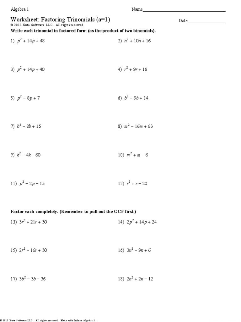 Worksheet Factoring Trinomials A1 | PDF
