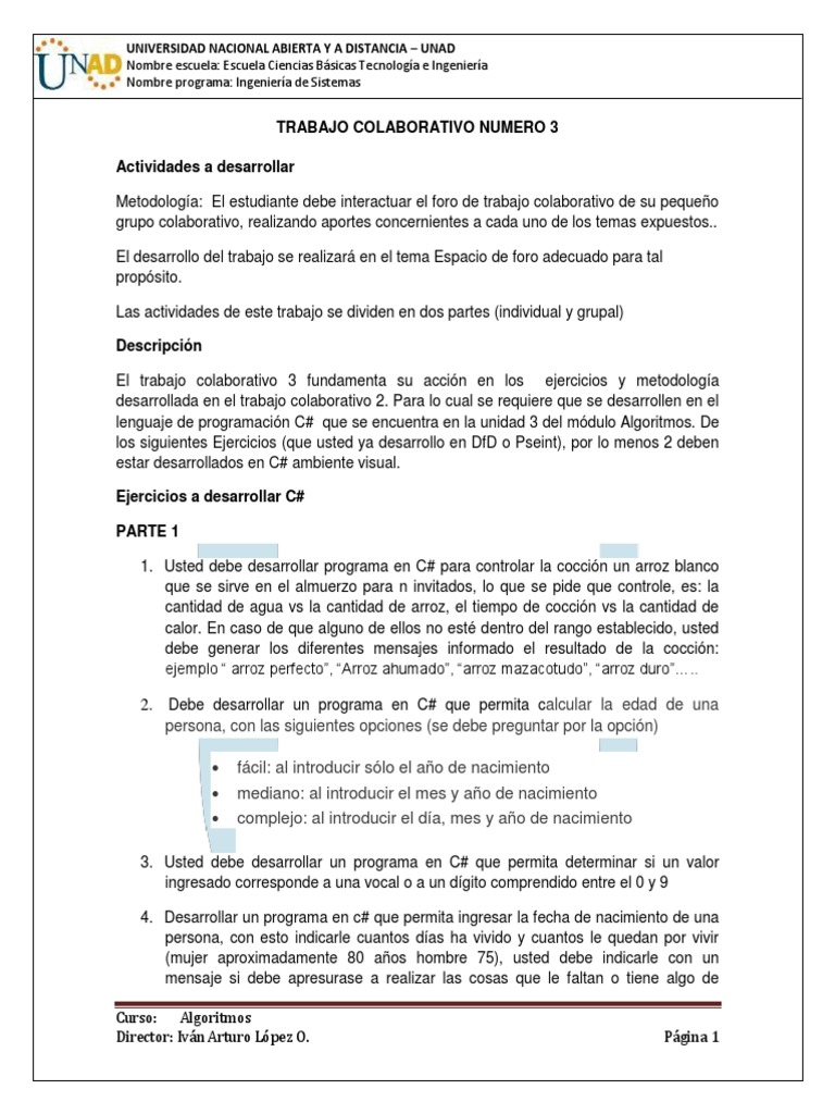 Actividad 10 Trabajo Colaborativo 3 2014-1 | PDF | C Sharp (lenguaje de programación) | Algoritmos