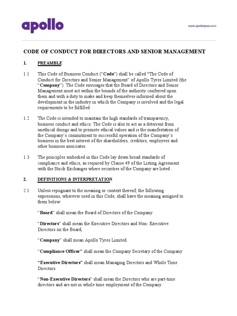 Code of Conduct For Directors and Senior Management: Preamble | PDF ...