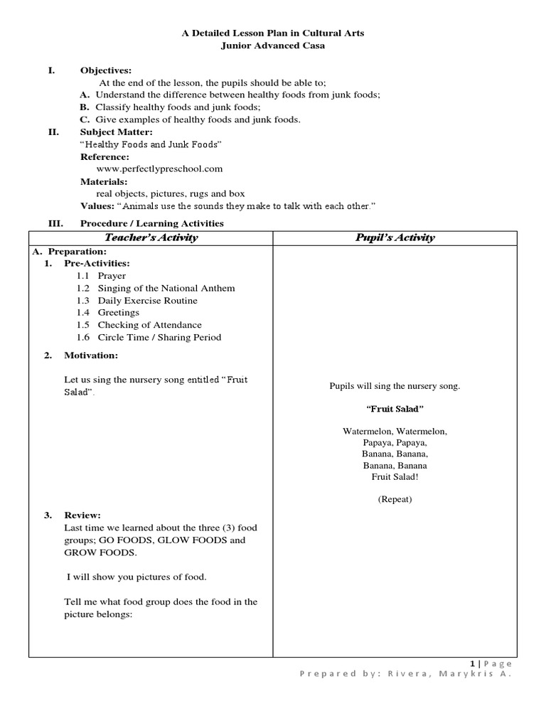 Detailed Lesson Plan For Junior Advance Casa | PDF | Lesson Plan ...