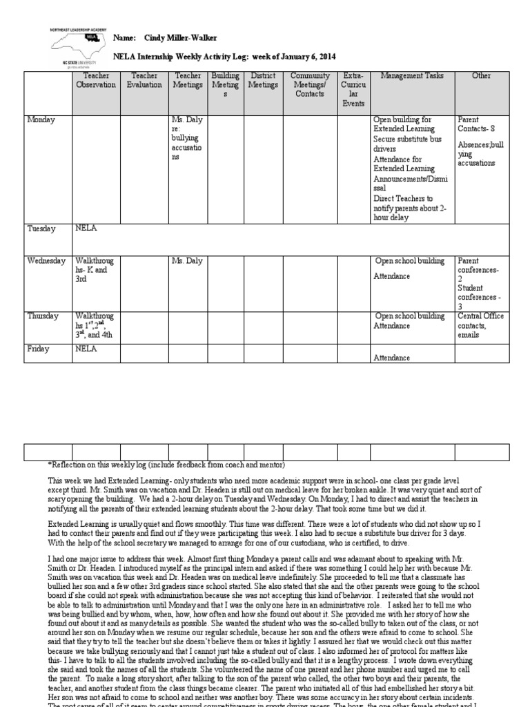 Name: Cindy Miller-Walker NELA Internship Weekly Activity Log: Week of ...
