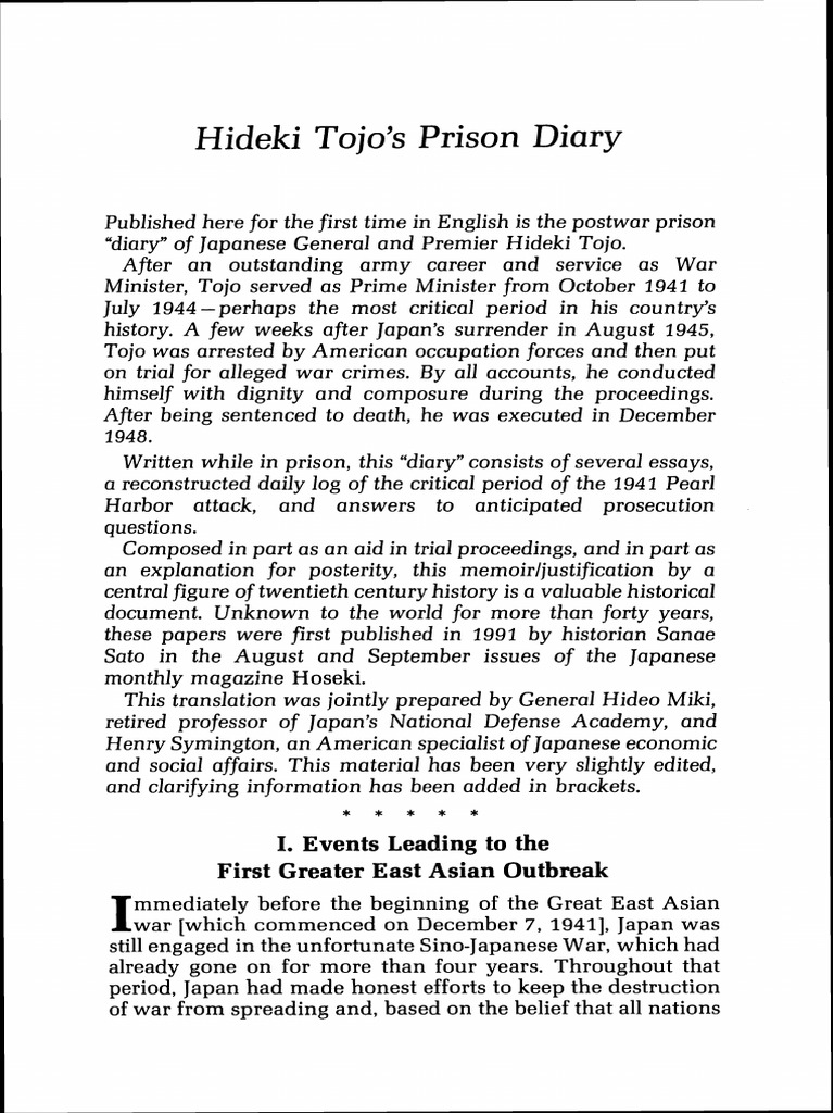 Reflections on Responsibility: Hideki Tojo's Prison Diary Essay on the ...