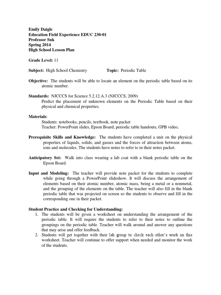 lesson plan 1 | Periodic Table | Lesson Plan
