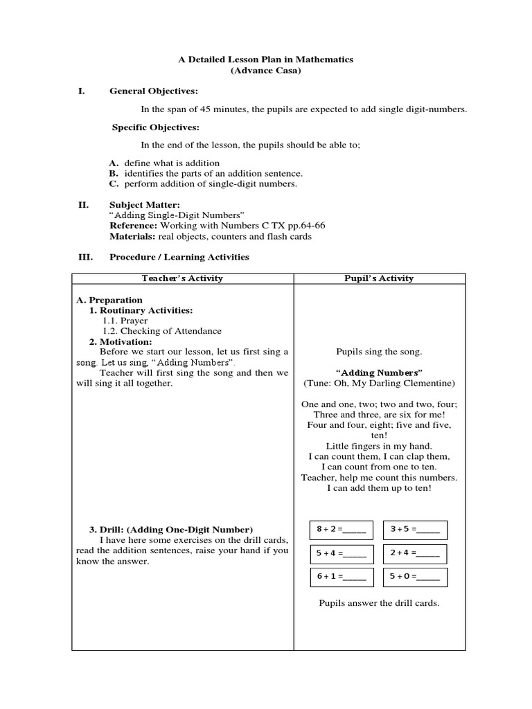 A Detailed Lesson Plan in Mathematics Advance Casa | Download Free PDF ...
