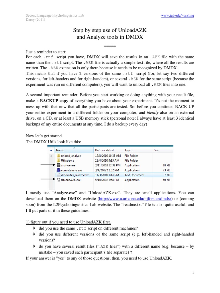 Step by Step Use of UnloadAZK and Analyze Tools in DMDX | PDF | Scripting Language | Computer File