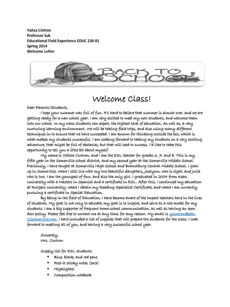 Welcome Letter for ESL Class | PDF