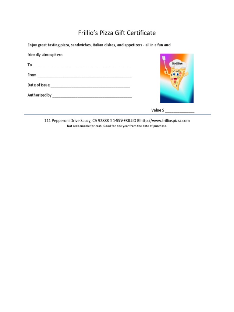 Frillio's Pizza Gift Certificate Template | PDF