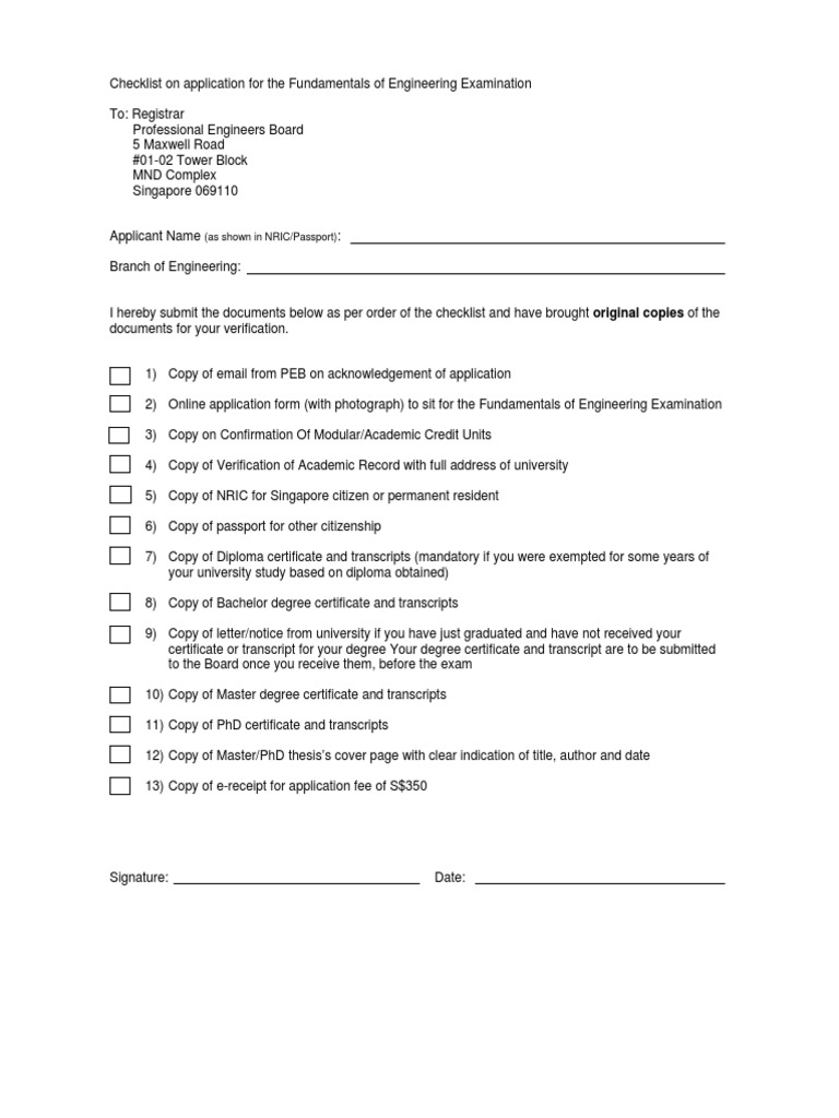 Fundamentals of Engineering Exam Checklist | PDF | Academic Degree ...
