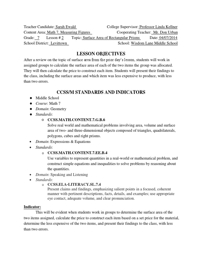 Surface Area Lesson Plan | PDF | Surface Area | Homework