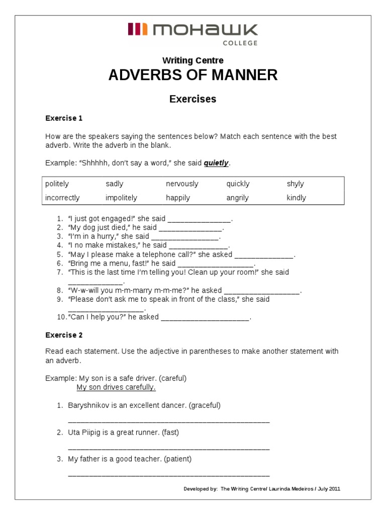 Adverbs of Manner Exercies | PDF