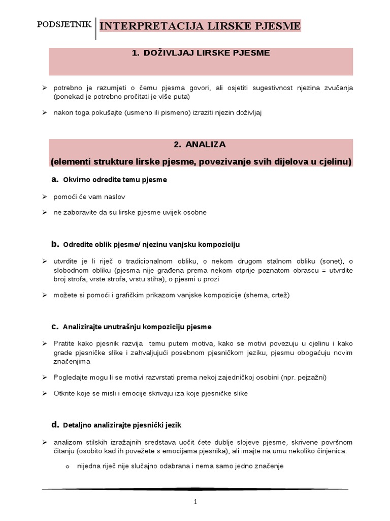 Interpretacija Lirske Pjesme - Podsjetnik | PDF