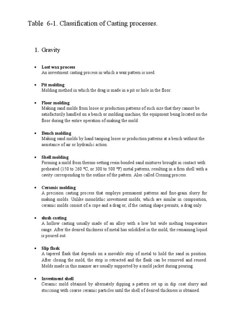 Table 6-1. Classification of Casting Processes.: 1. Gravity | PDF ...