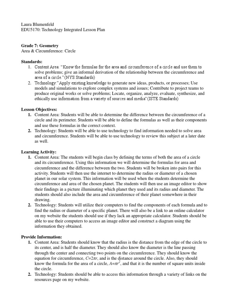EDU5270 Integrated Lesson Plan | PDF | Circle | Lesson Plan