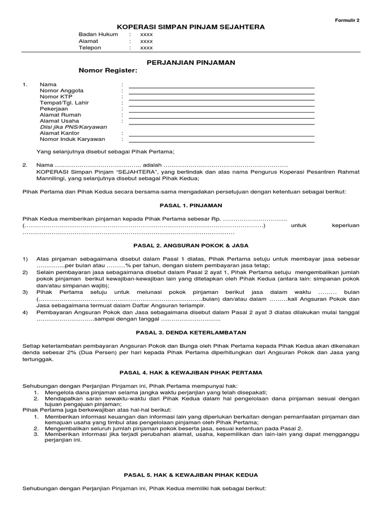 Formulir 2. Akad Pinjaman - KSP Sejahtera | PDF