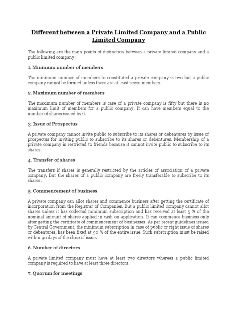 Different Between A Private Limited Company and A Public Limited ...