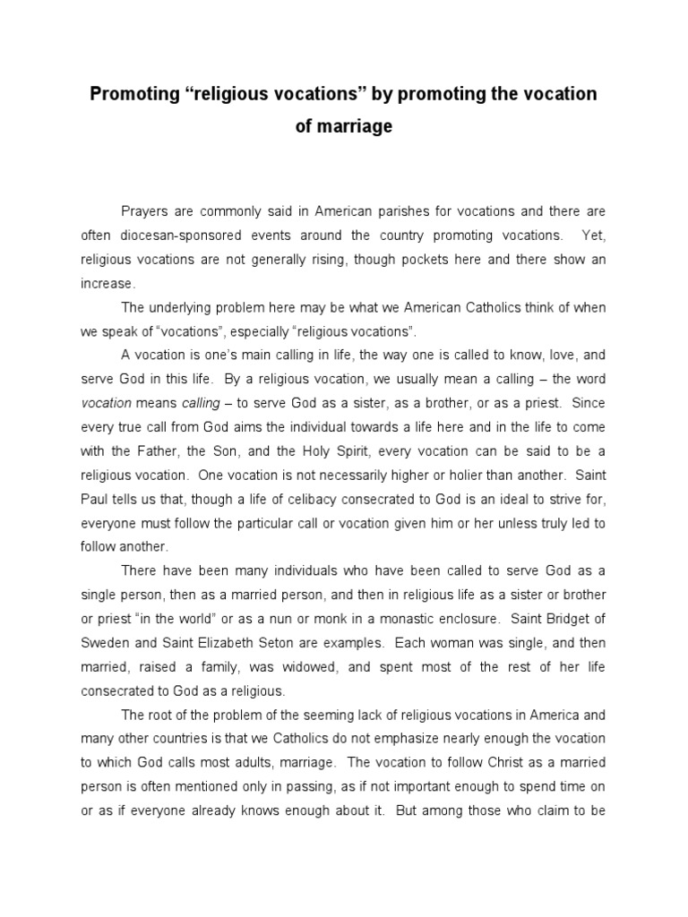 Promoting "Religious Vocations" by Promoting The Vocation of Marriage ...
