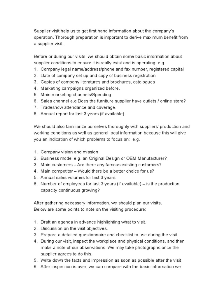 Supplier Visit Preparation Checklist | PDF | Industries | Computing