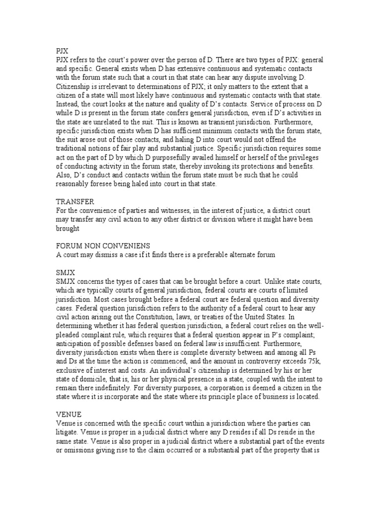 Civ Pro Rule Statements Draft | PDF | Diversity Jurisdiction | Jurisdiction