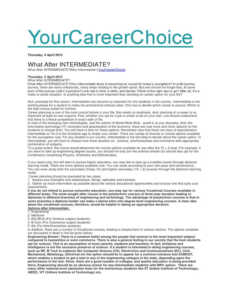 Yourcareerchoice: What After Intermediate? | Download Free PDF ...