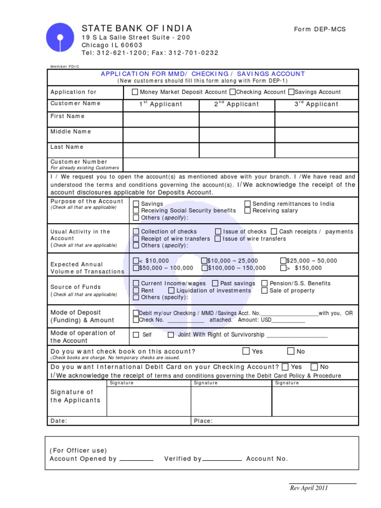 State Bank of India: Application For MMD/ Checking / Savings Account ...
