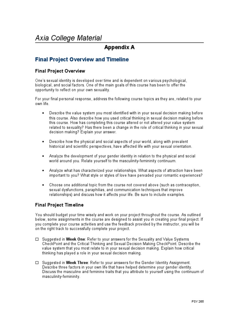 Axia College Material: Final Project Overview and Timeline | PDF | Sexual Orientation | Sex