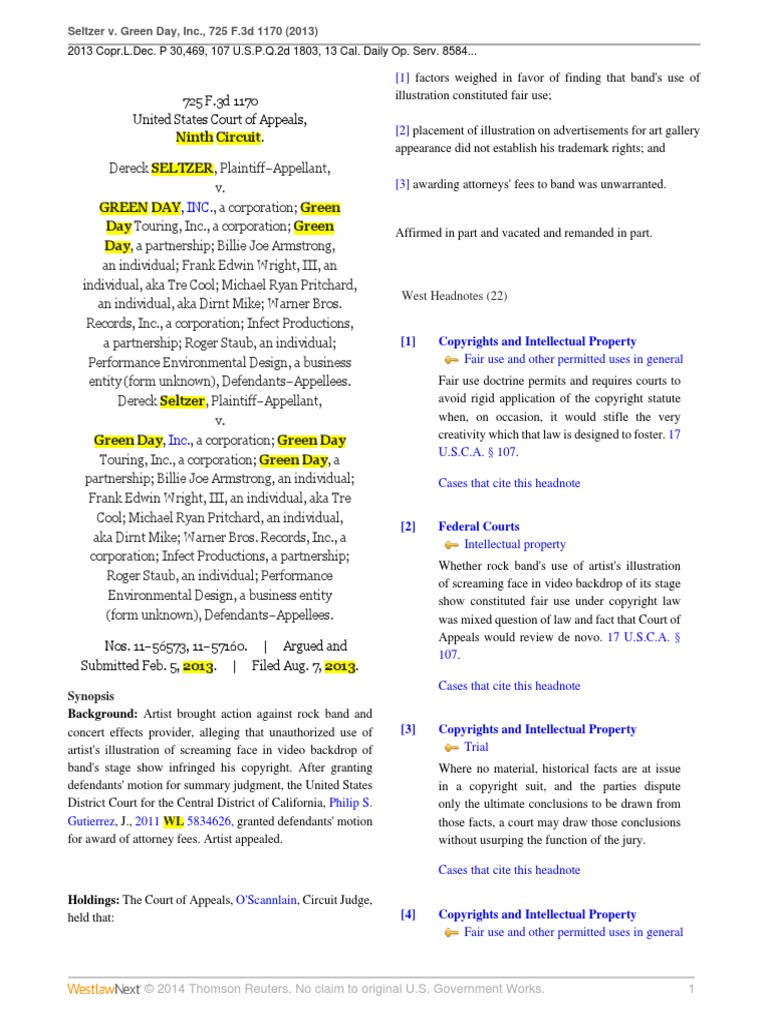 Seltzer V Green Day Inc | PDF | Fair Use | Copyright Law Of The United ...