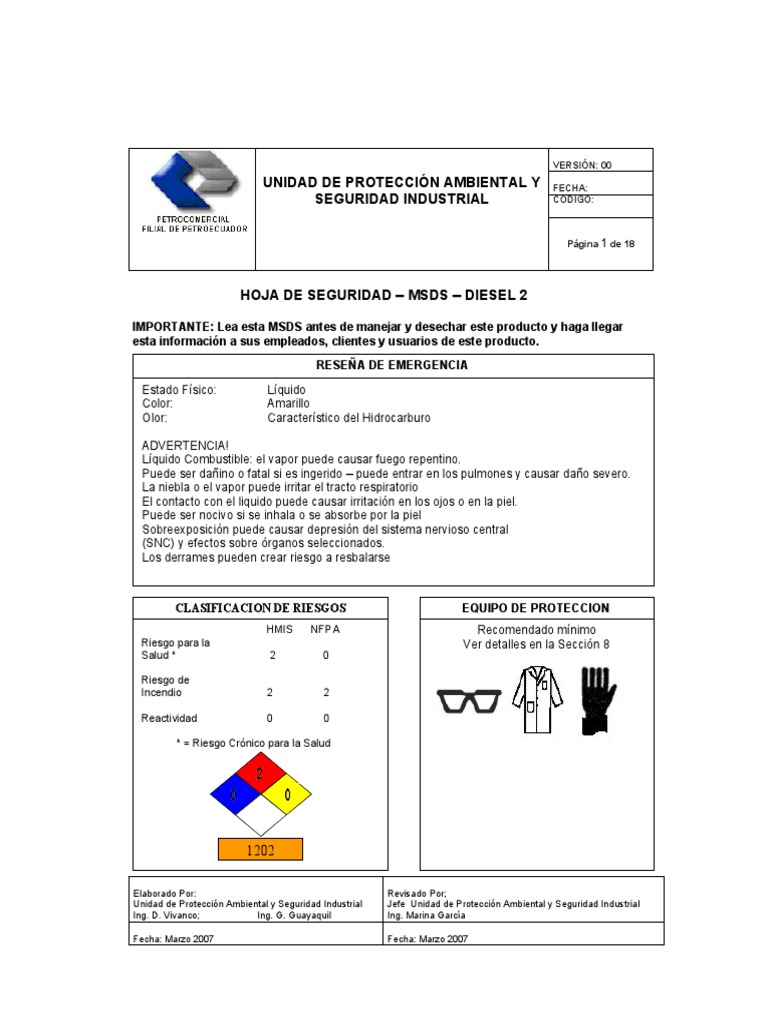 Hoja de Seguridad Diesel 2024 | PDF | Toxicidad | Contaminación