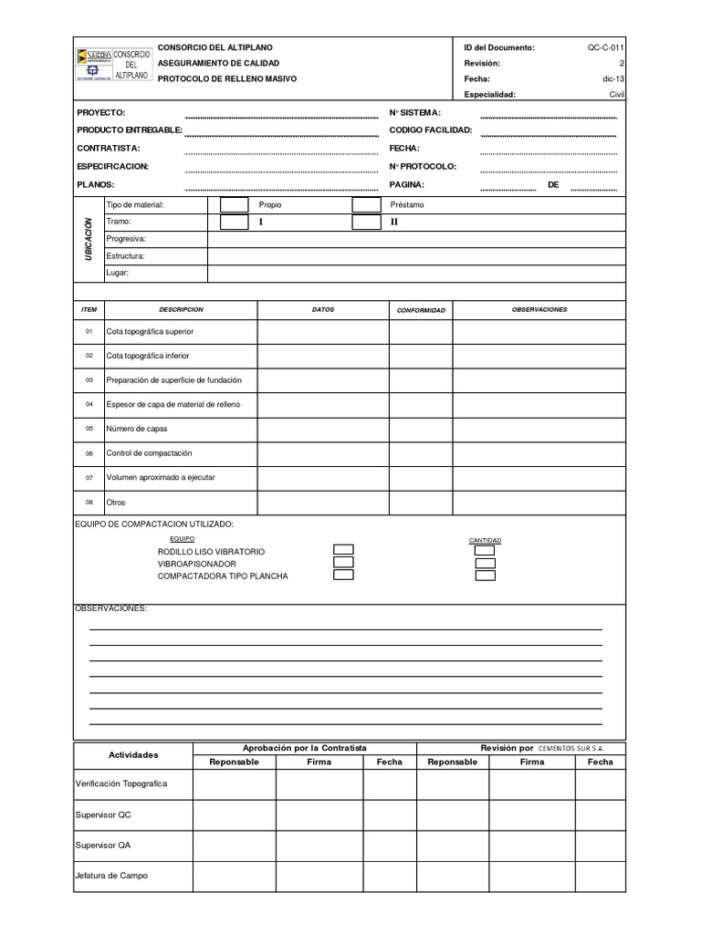 QC-C-011 - Protocolo de Relleno Masivo | PDF