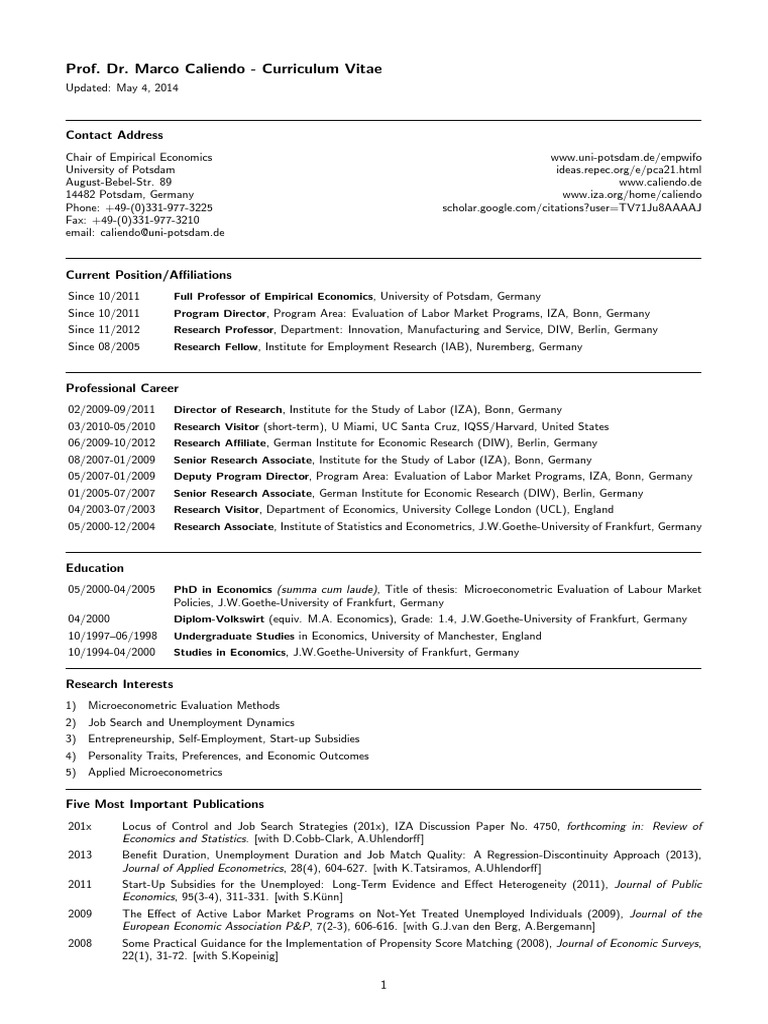 Prof. Dr. Marco Caliendo - Curriculum Vitae: Contact Address | PDF ...