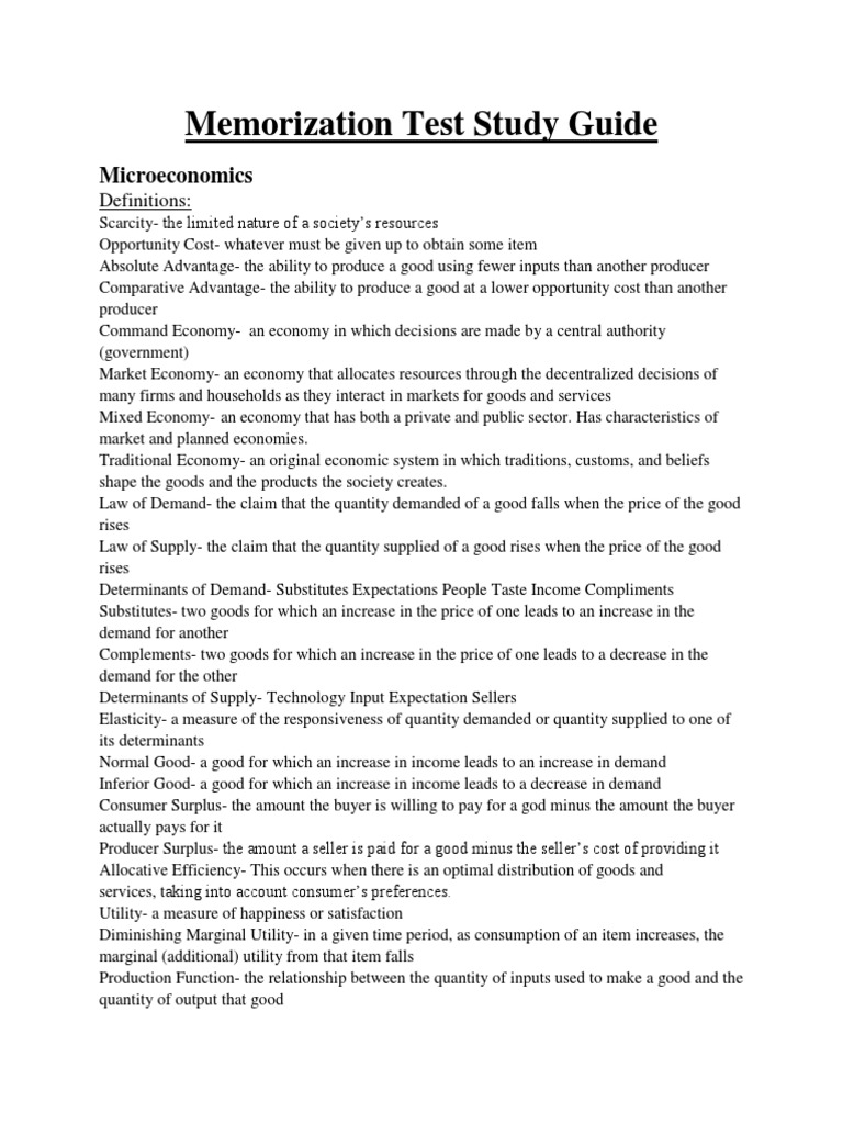 Memorization Test Study Guide: Microeconomics | PDF | Demand | Monopoly