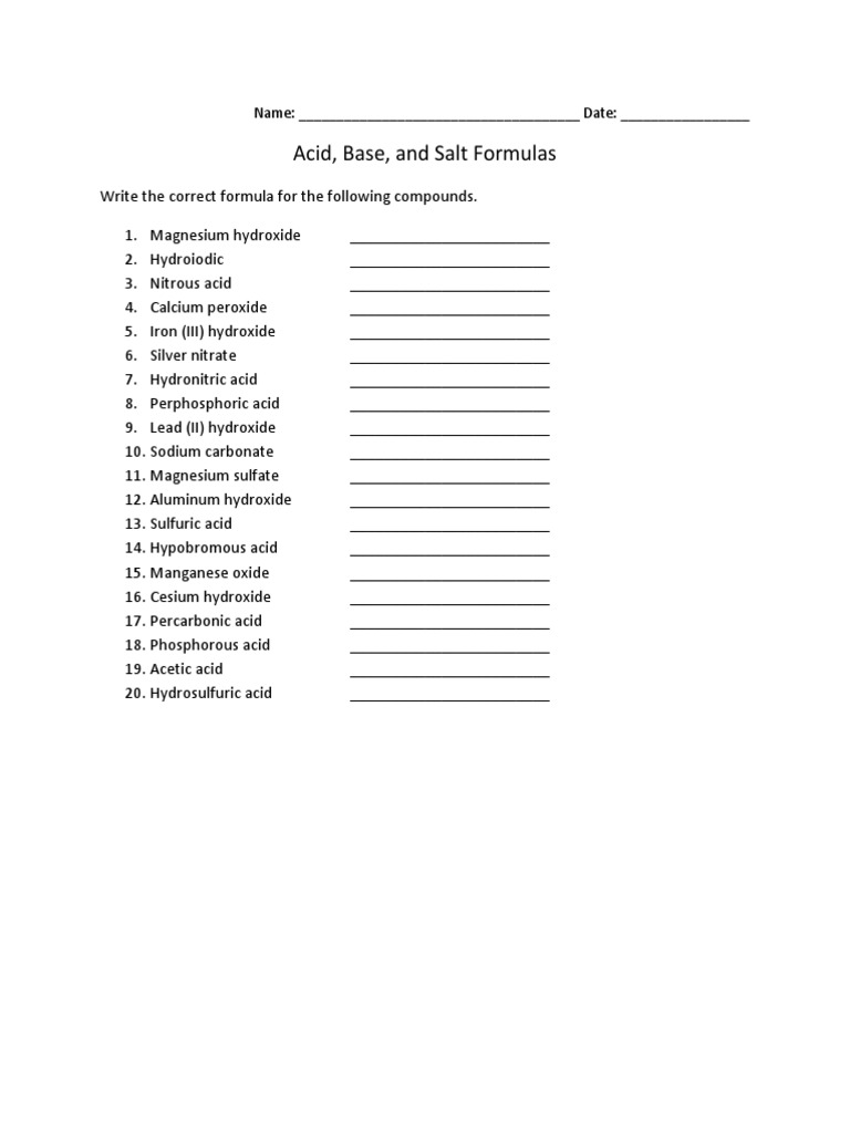 Acid, Base, and Salt Formula Worksheet | PDF